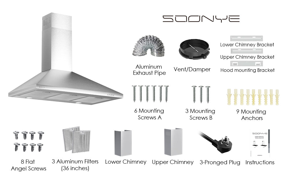 SOONYE 36 inch Stainless Steel Wall Mount Range Hood 600 CFM Ducted Ductless Convertible Kitchen Vent Hood with 3 Speed Controls 5 Layer Aluminum